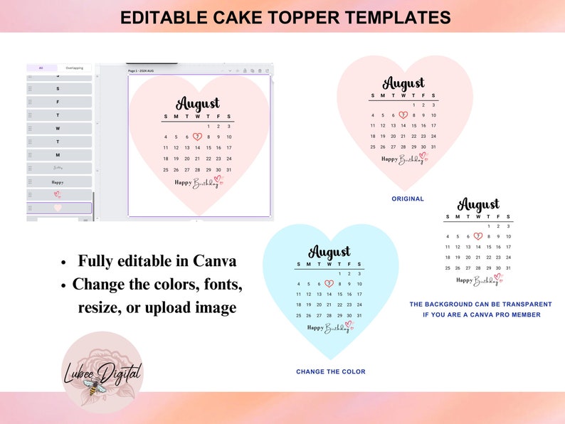 Canva Editable Heart Cake Calendar,burn Away Calendar Cake Topper ...