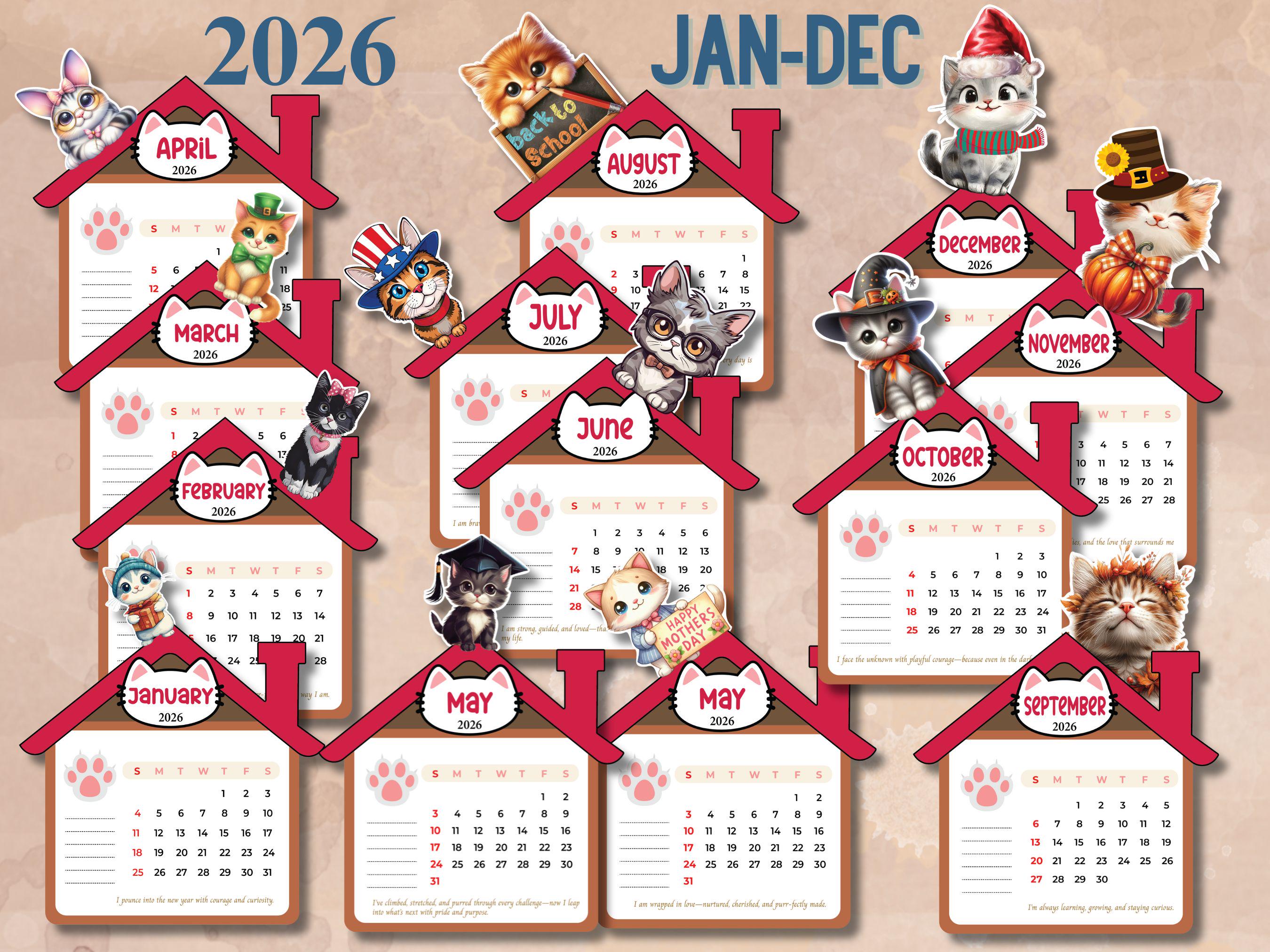 Cat Calendar 2026, Printable Mini Calendar Pet Calendar, Holiday-themed ...