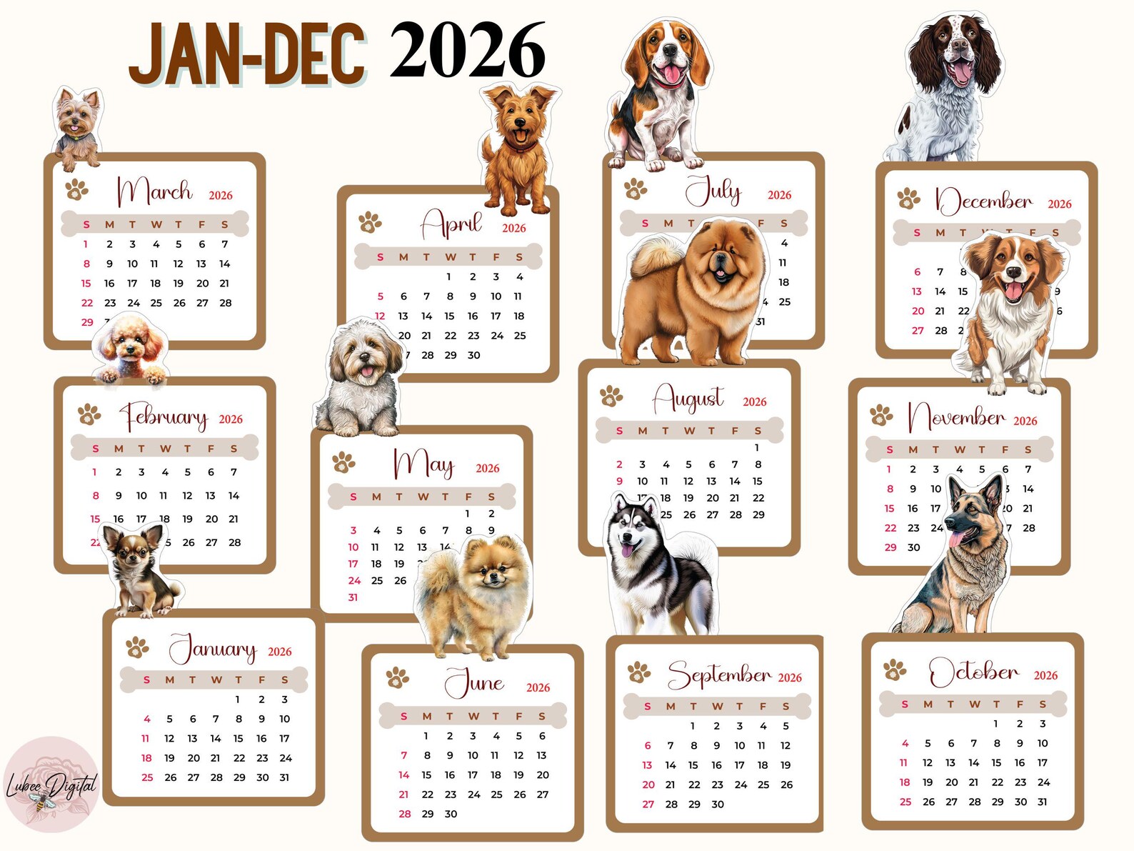 2026 Desk Calendar Dog Printable Wall Calendar Dog Owner Watercolor ...