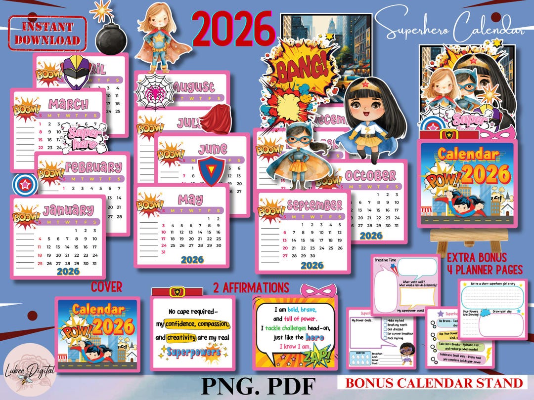 2026 Desk Superhero Girl Printable Calendar,comic Calendar,monthly ...