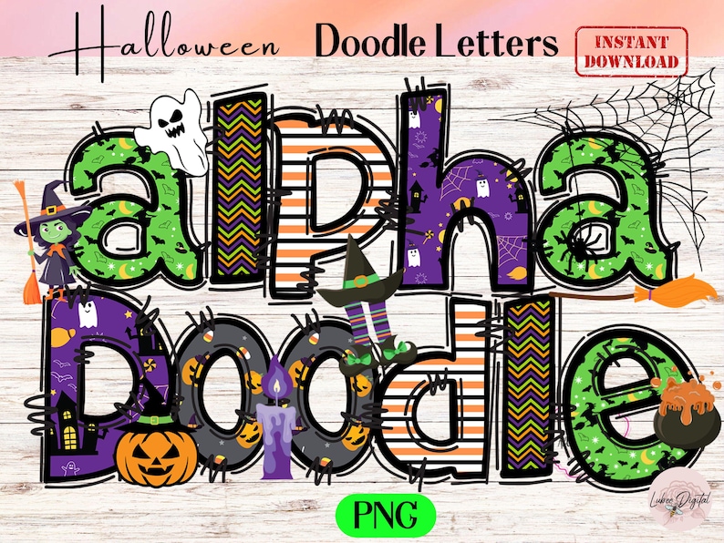 Spooky Halloween Printable PNG Doodle Letters, Doodle Alpha Bundle ...