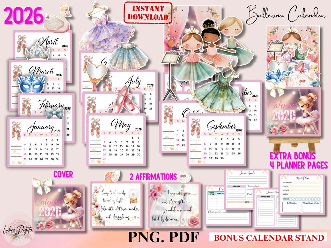 2026 Ballerina Printable Desk Calendar,dance Calendar,monthly Calendar ...