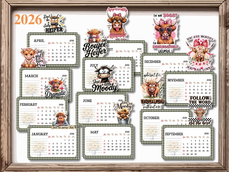 2026 Funny Highland Cow Calendar,farmhouse Desk Calendar Printable,cute ...