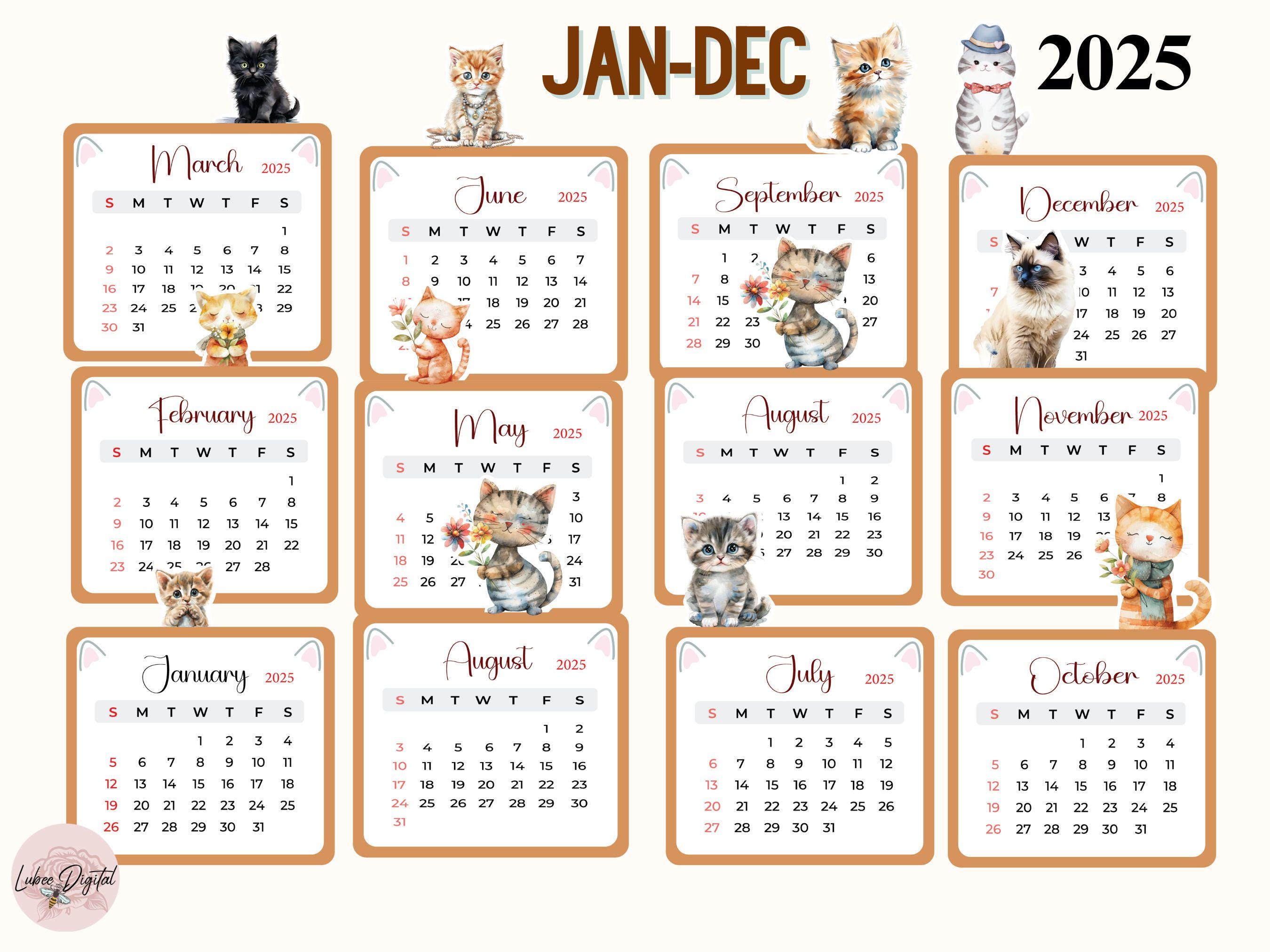 Cat Calendar 2025-2026, Printable Mini Calendar & DIY Pet Calendar ...