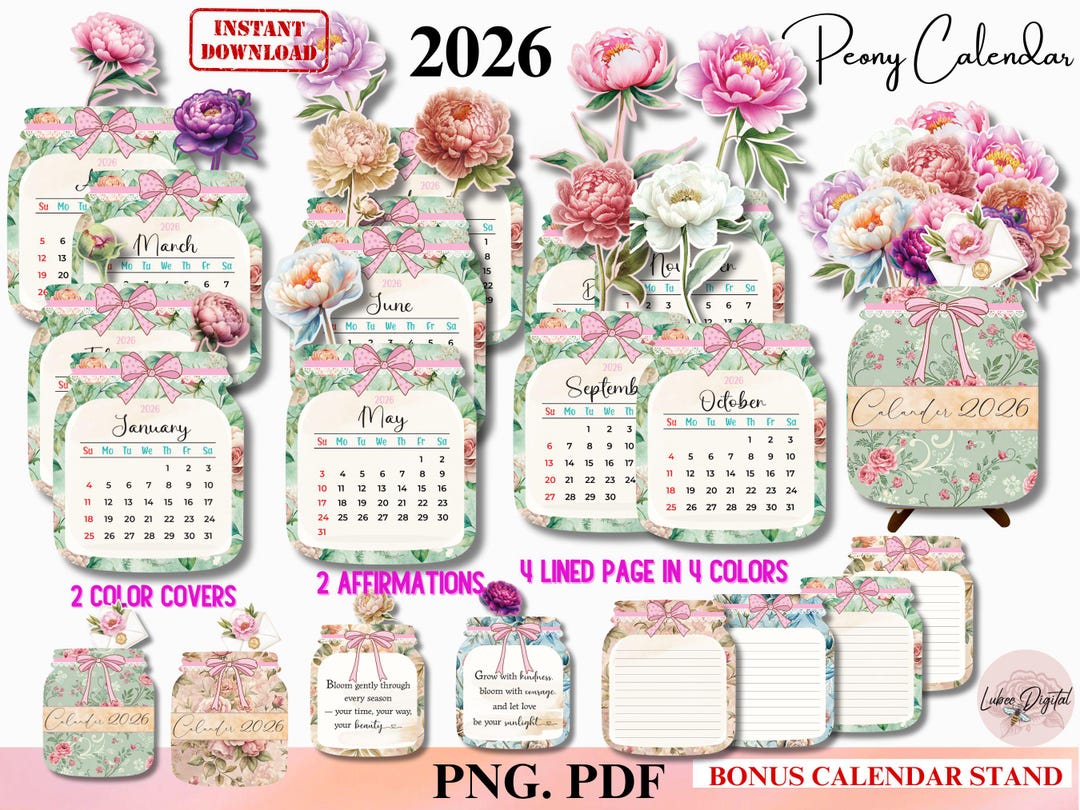 2026 Peony Calendar,printable Flowers Vase Desk Calendar PNG for Cricut ...