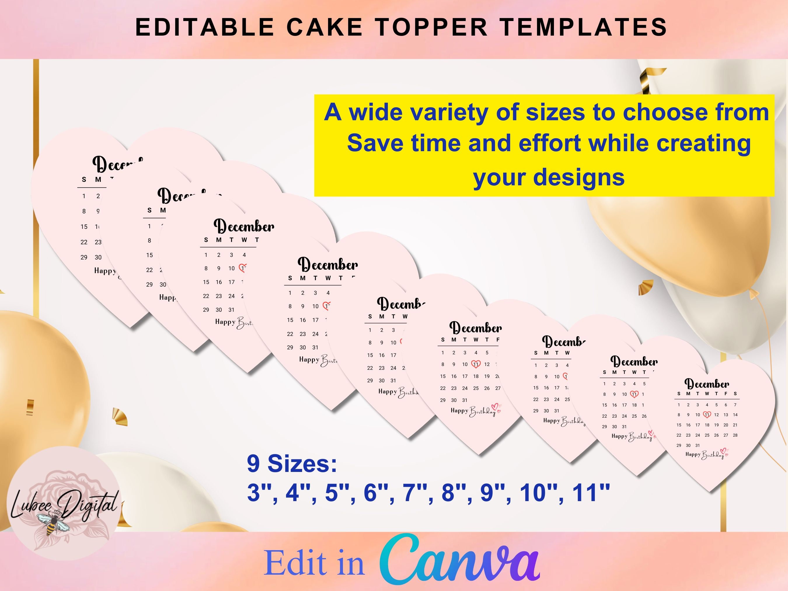 Canva Editable Heart Cake Calendar,burn Away Calendar Cake Topper ...