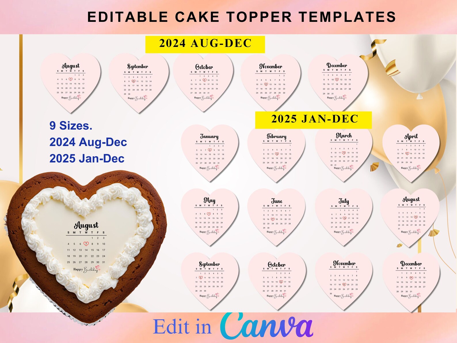 Canva Editable Heart Cake Calendar,burn Away Calendar Cake Topper ...