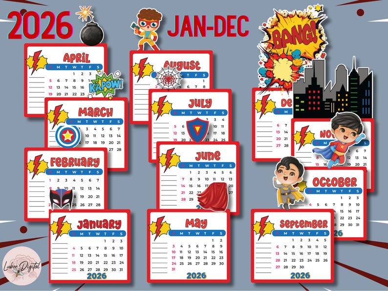 2026 Superhero Printable Desk Calendar,comic Calendar,monthly Calendar ...