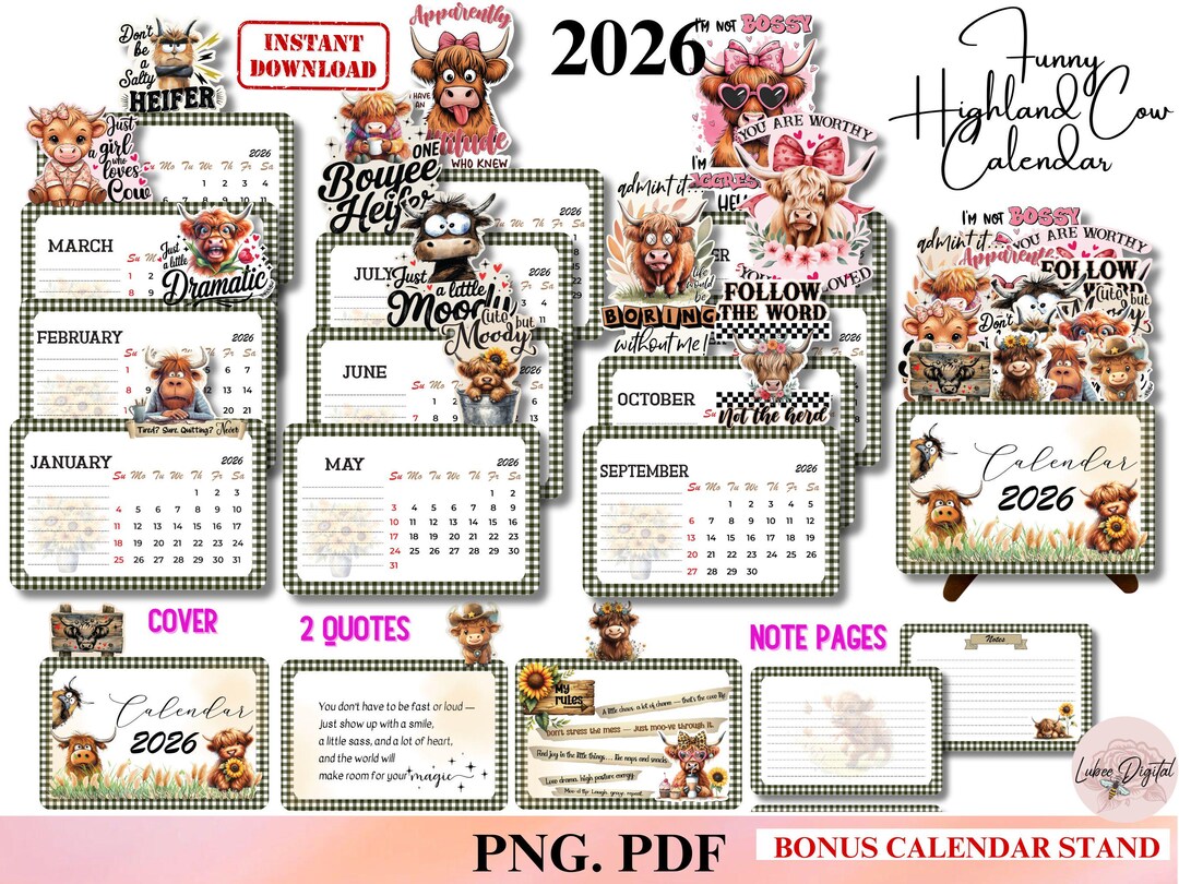 2026 Funny Highland Cow Calendar,farmhouse Desk Calendar Printable,cute ...