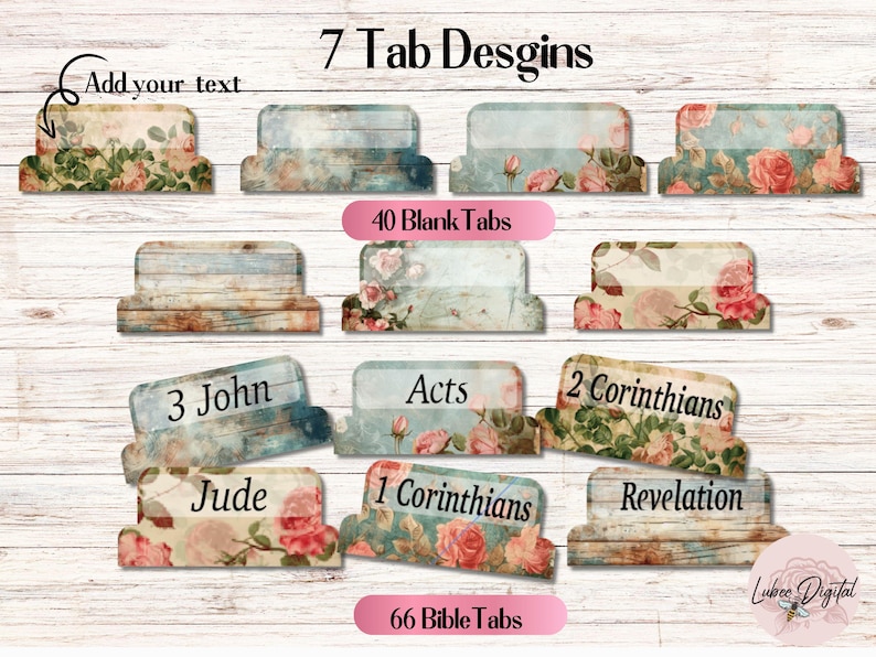 Printable Bible Tabs,bible Journaling Tabs,shabby Chic Book Tabs,66 ...