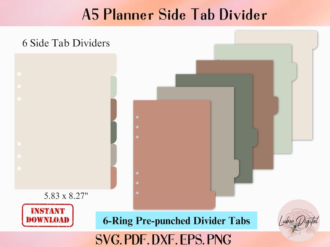 A5 Planner Side Tab Divider,a5 Binder Divider Cut File, 6-ring Hole ...