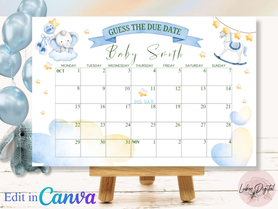 Editable Guess the Due Date Sign, Baby Shower Pregnancy Calendar Sign ...