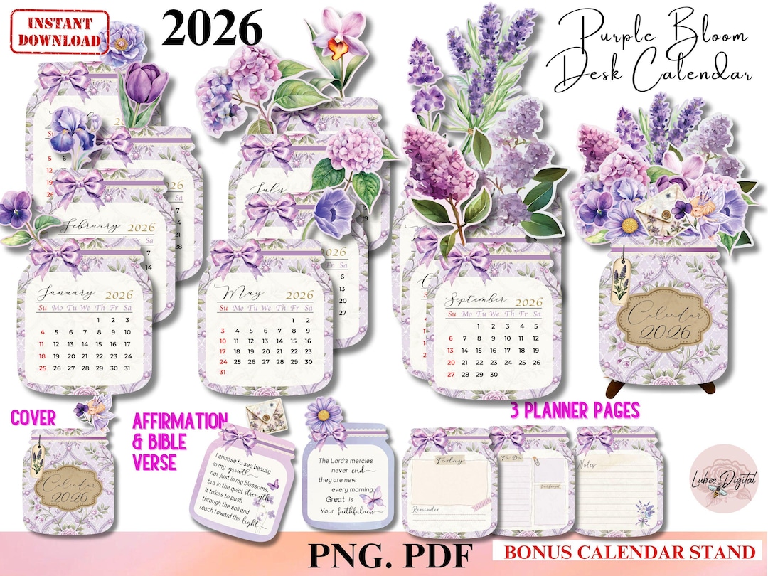 2026 Purple Flower Calendar,printable Flowers Vase Desk Calendar for ...
