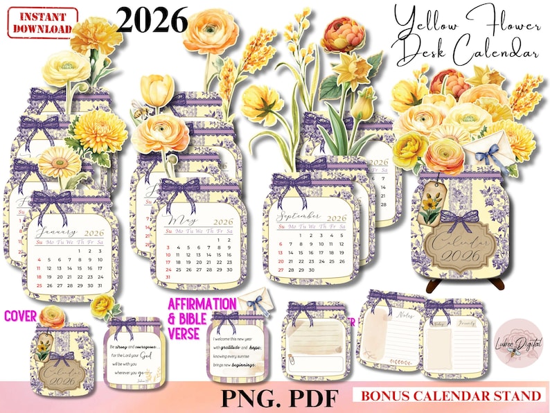 2026 Yellow Flower Calendar, Printable Floral Desk Calendar Cricut ...