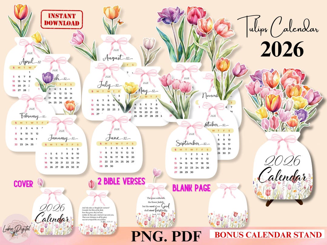 2026 Tulips Calendar,printable Flowers Desk Calendar PNG for Cricut Cut ...