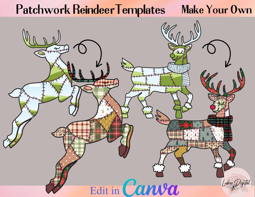 Christmas Patchwork Reindeer Canva Frame Template, Drag and Drop CANVA ...