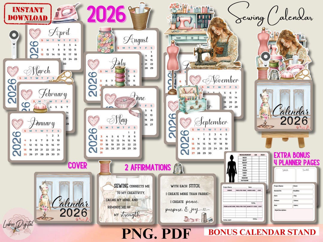2026 Sewing Desk Calendar,printable Needlework Calendar PNG File for ...