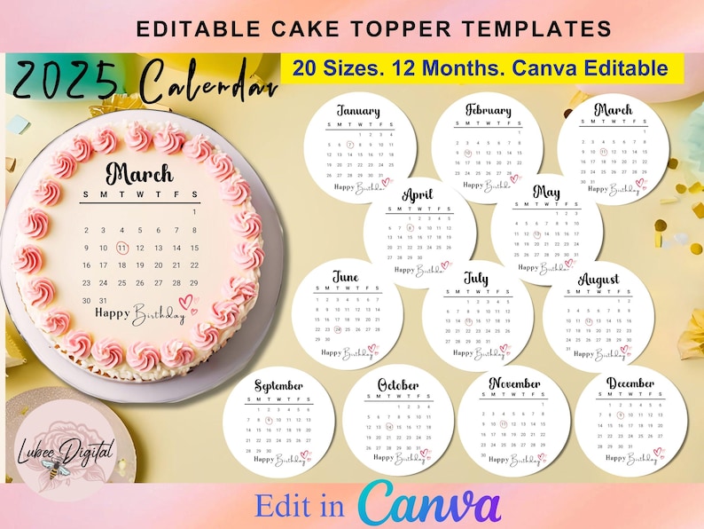 Canva Editable Cake Calendar,burn Away Round Calendar Cake Topper ...