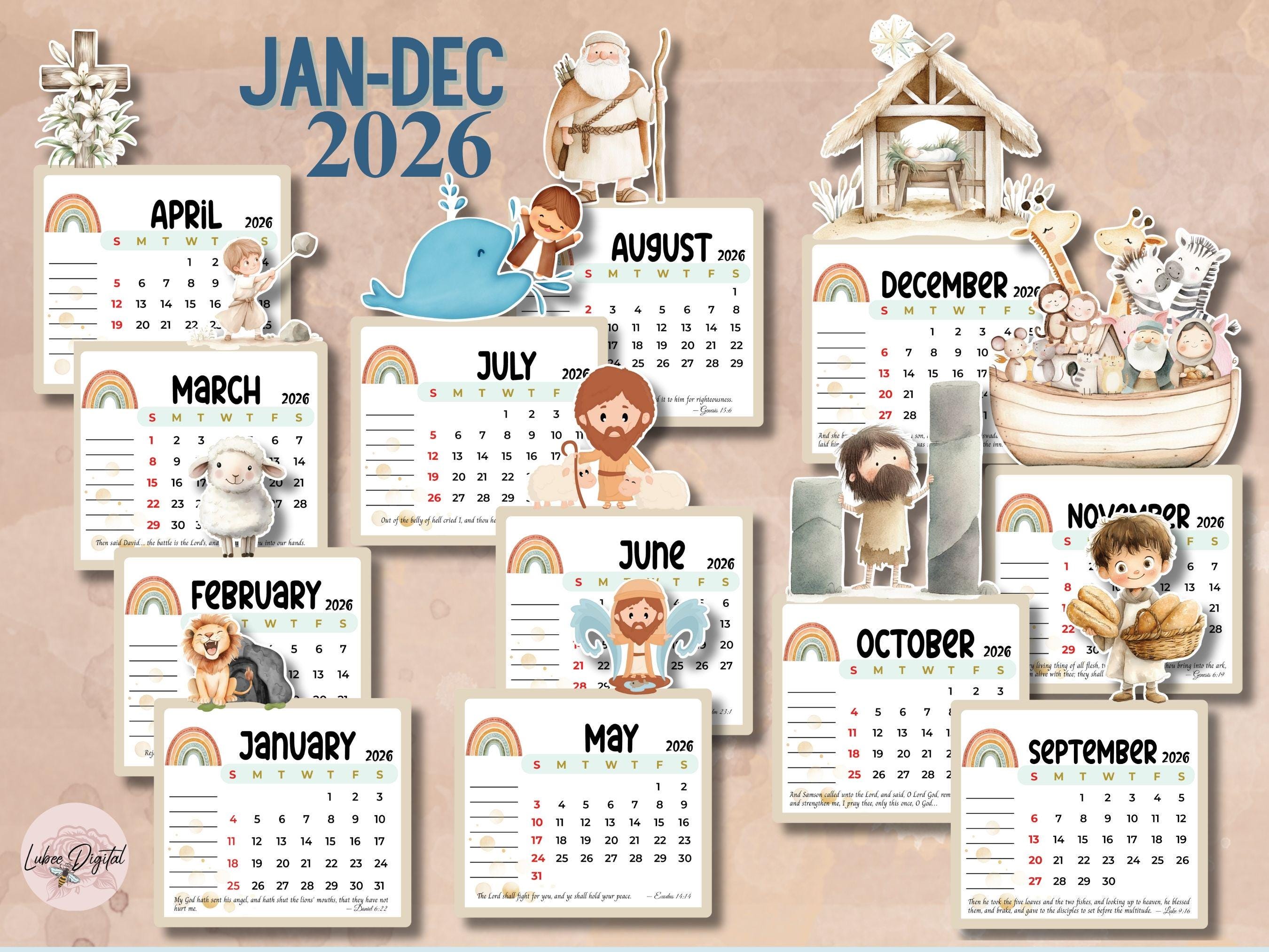 2026 Desk Boho Christian Calendar for Kids,bible Verse Mini Printable ...