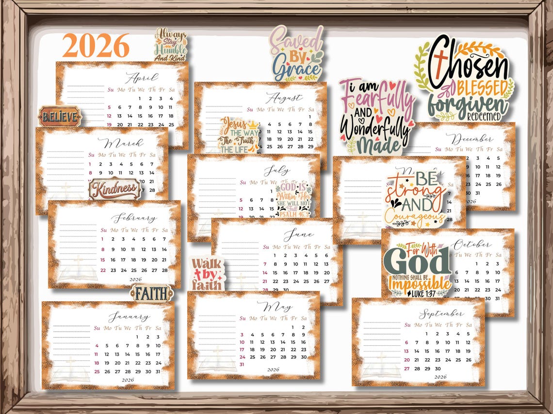 2026 Bible Verses Calendar Printable, Christian Desk Calendar Vintage ...