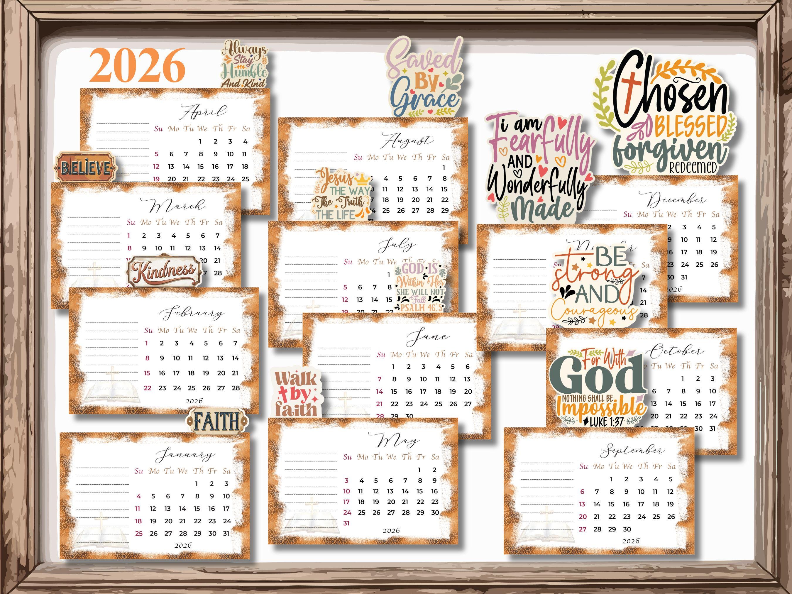 2026 Bible Verses Calendar Printable, Christian Desk Calendar Vintage ...