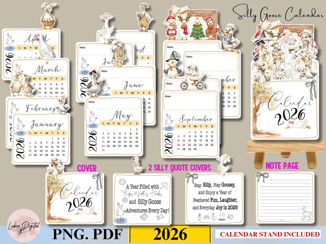 Silly Goose Printable Calendar 2026, Printable Mini Calendar 2026 Cut ...