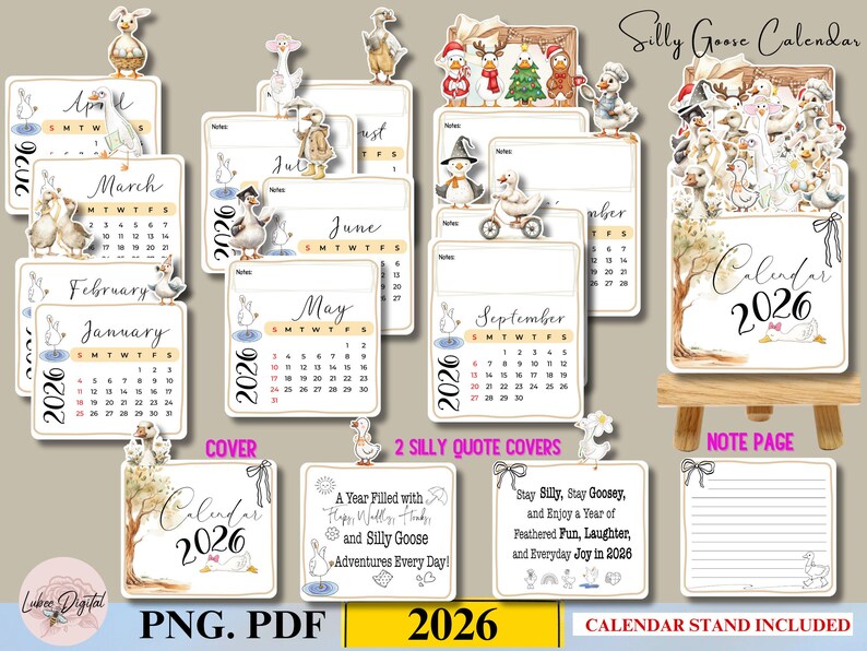 Silly Goose Printable Calendar 2026, Printable Mini Calendar 2026 Cut ...