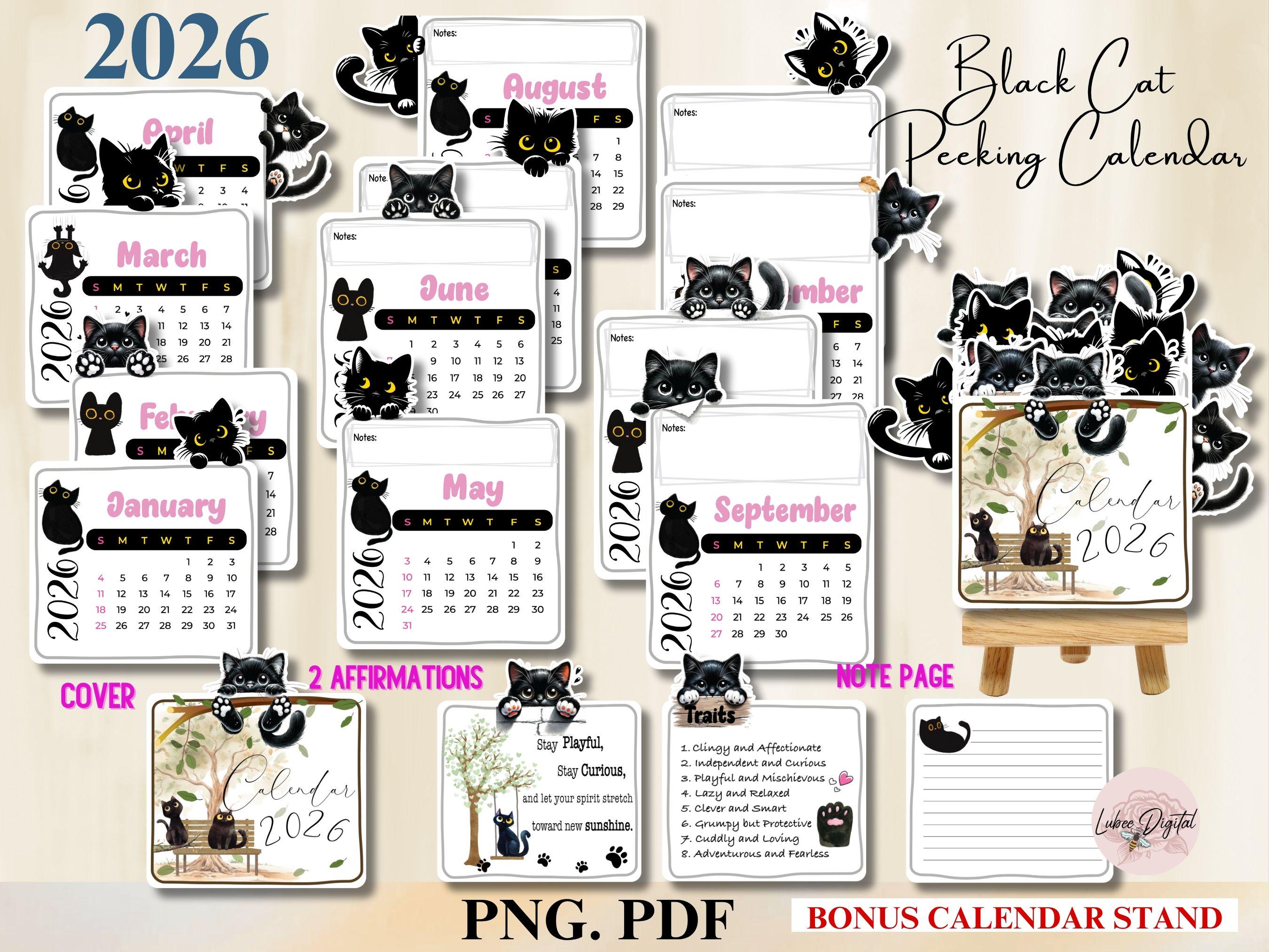 Black Cat Peeking Desk Calendar 2026,printable Mini Calendar Pet ...