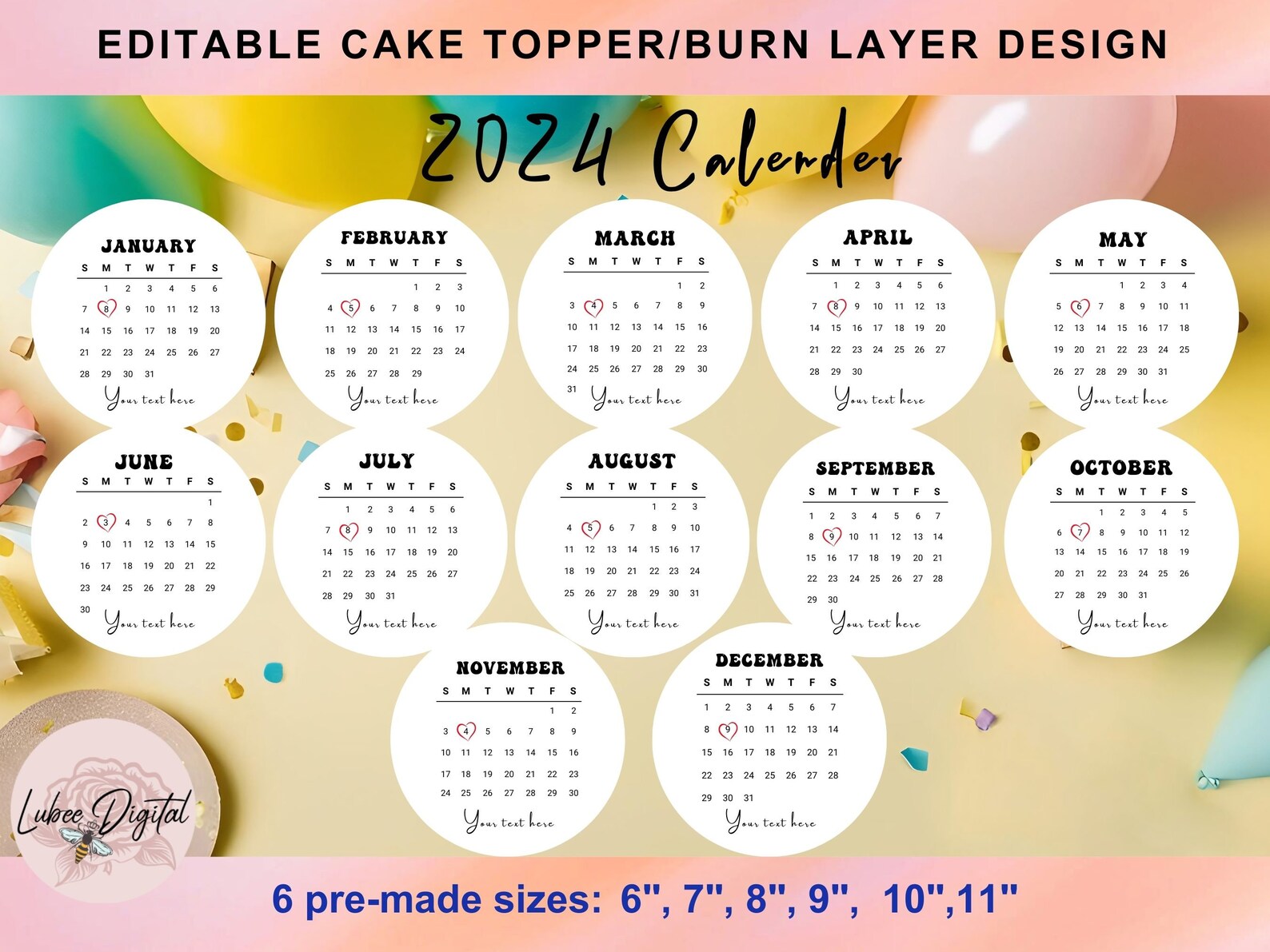 Canva Editable Cake Calendar,burn Away Round Calendar Cake Topper ...