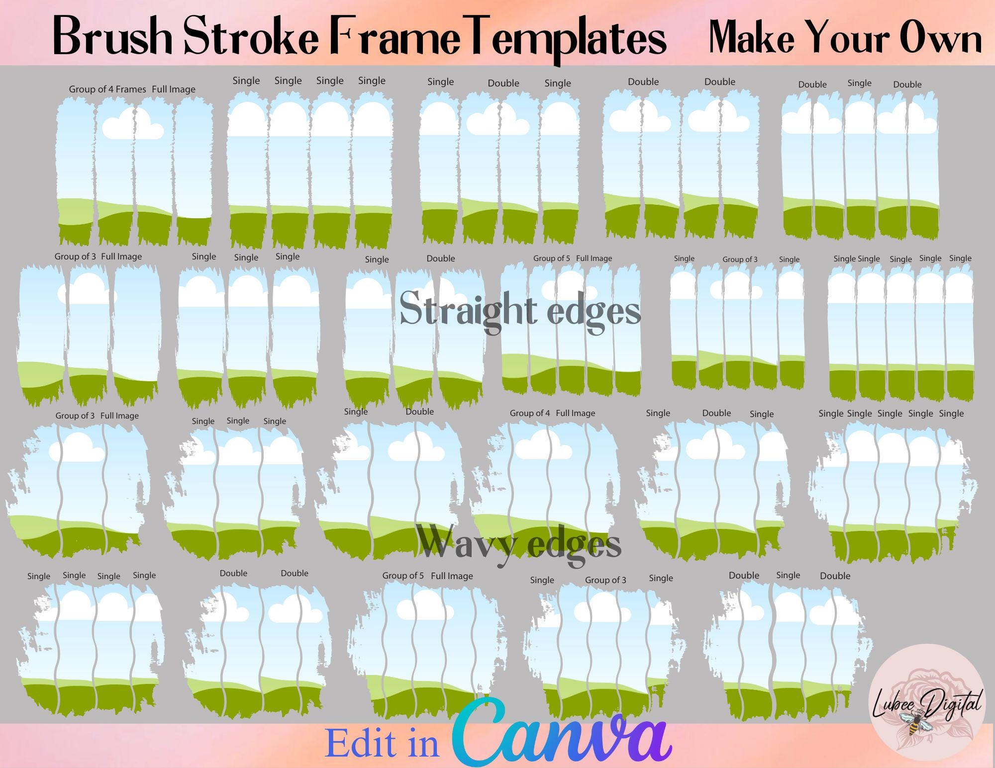 Brush Stroke Canva Template, Canva Editable Frames, Drap and Drop Brushstrokes Design Paint ...