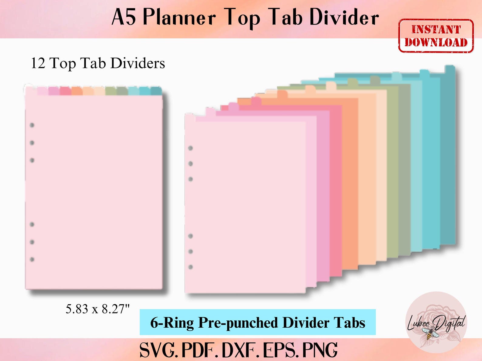 A5 Planner 12 Top Tab Divider,a5 Binder Divider Cut File, 6-ring Hole ...