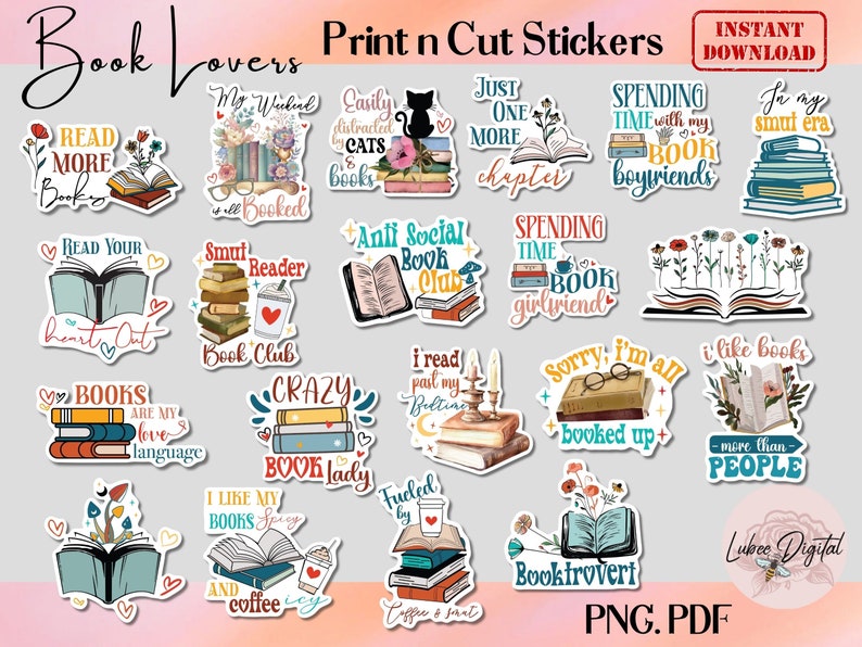 Printable Book Lover Stickers PNG Stickers,book Lover Book Reader ...