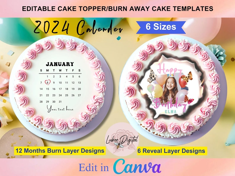 Canva Editable Cake Calendar,burn Away Round Calendar Cake Topper ...