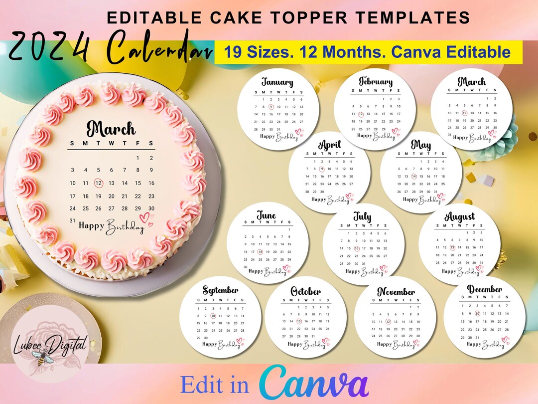 Calendario de pastel editable de Canva, plantilla de topper de pastel ...