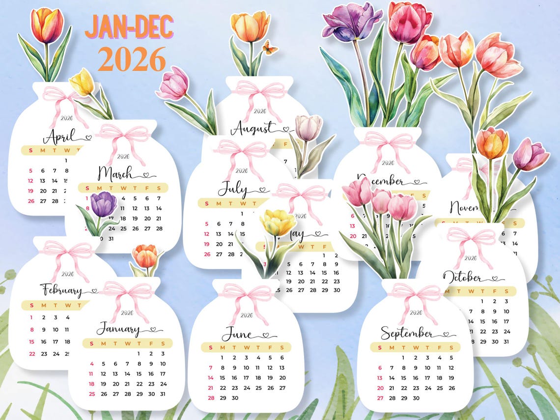 2026 Tulips Calendar,printable Flowers Desk Calendar PNG for Cricut Cut ...