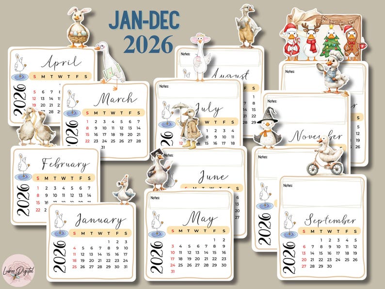 Silly Goose Printable Calendar 2026, Printable Mini Calendar 2026 Cut ...