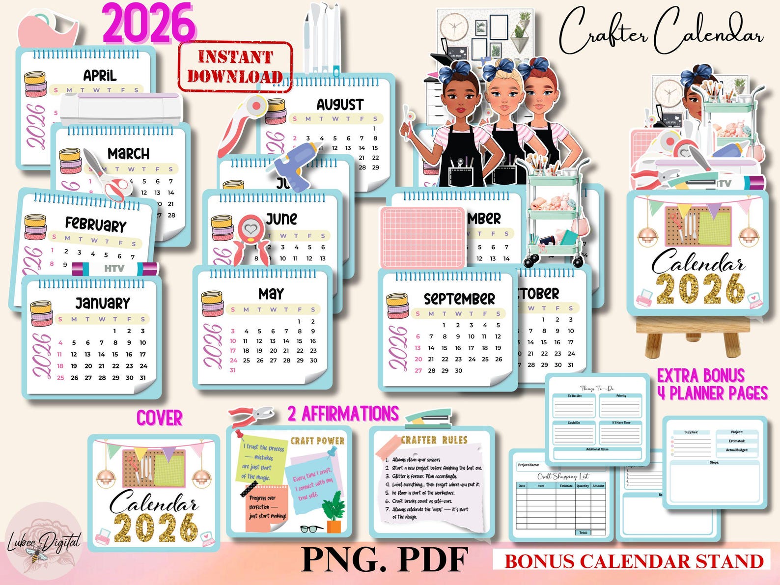 2026 Crafter Desk Calendar,printable Art Calendar PNG File for Cricut ...