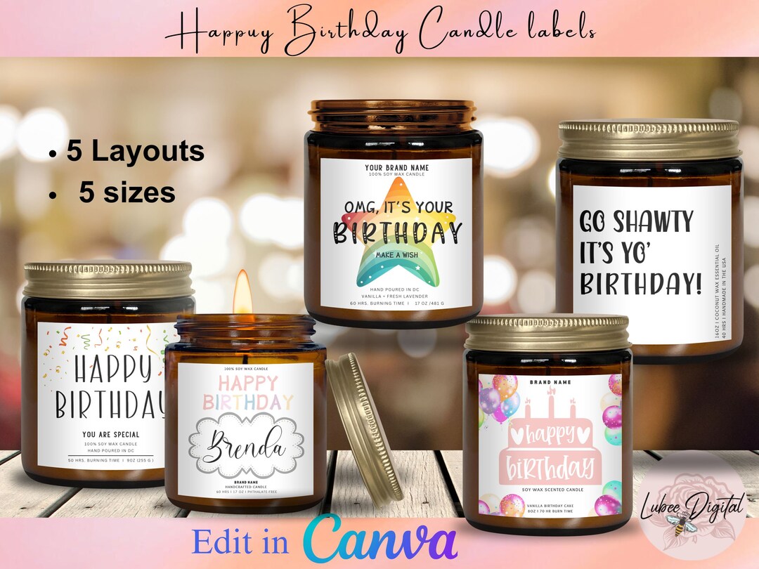 Happy Birthday Candle Label Canva Template,editable Candle Labels ...
