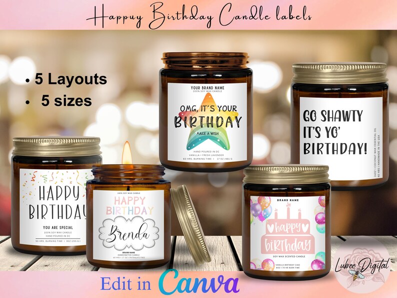 Happy Birthday Candle Label Canva Template,editable Candle Labels ...