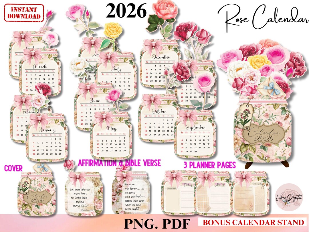 2026 Rose Calendar,printable Flowers Vase Desk Calendar PNG for Cricut ...