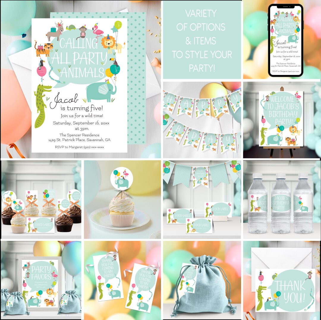 Party Animals Kids Birthday Bundle, INSTANT DOWNLOAD, Safari Animals ...