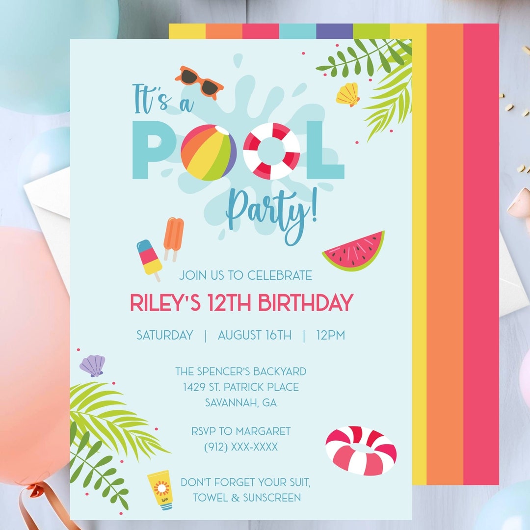 Pool Party Birthday Invitation Bundle, INSTANT DOWNLOAD, DIY Editable ...