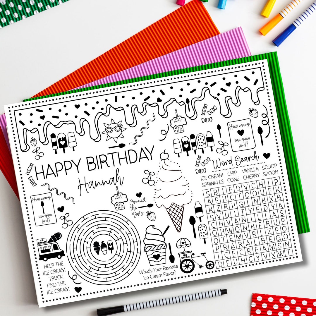 Kids Ice Cream Coloring Placemat, INSTANT DOWNLOAD, Editable Template ...