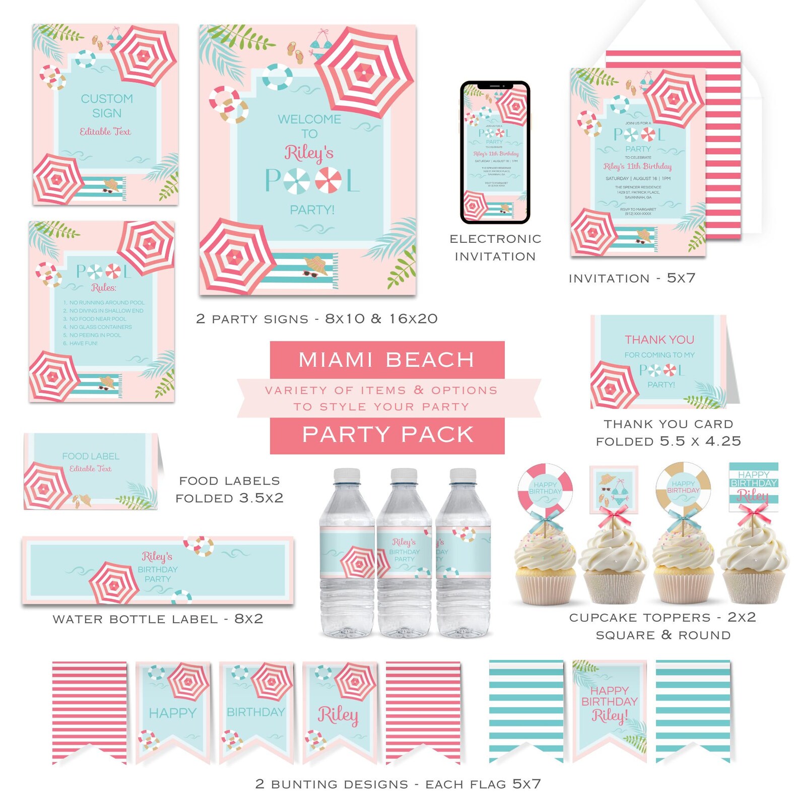 Pool Party Birthday Bundle, INSTANT DOWNLOAD, DIY Editable Printable ...