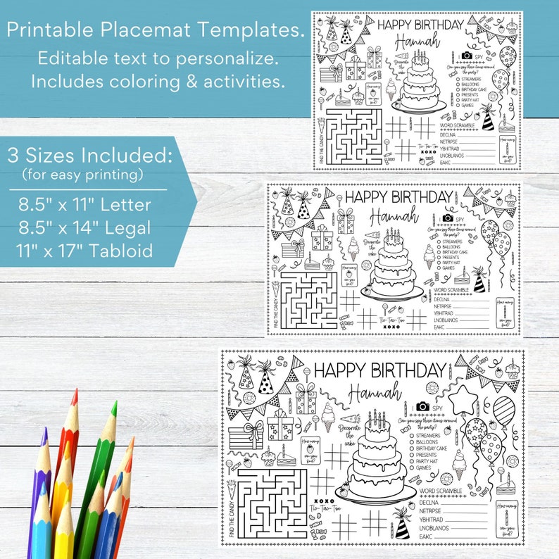 Kids Birthday Party Coloring Placemat, INSTANT DOWNLOAD, Editable ...