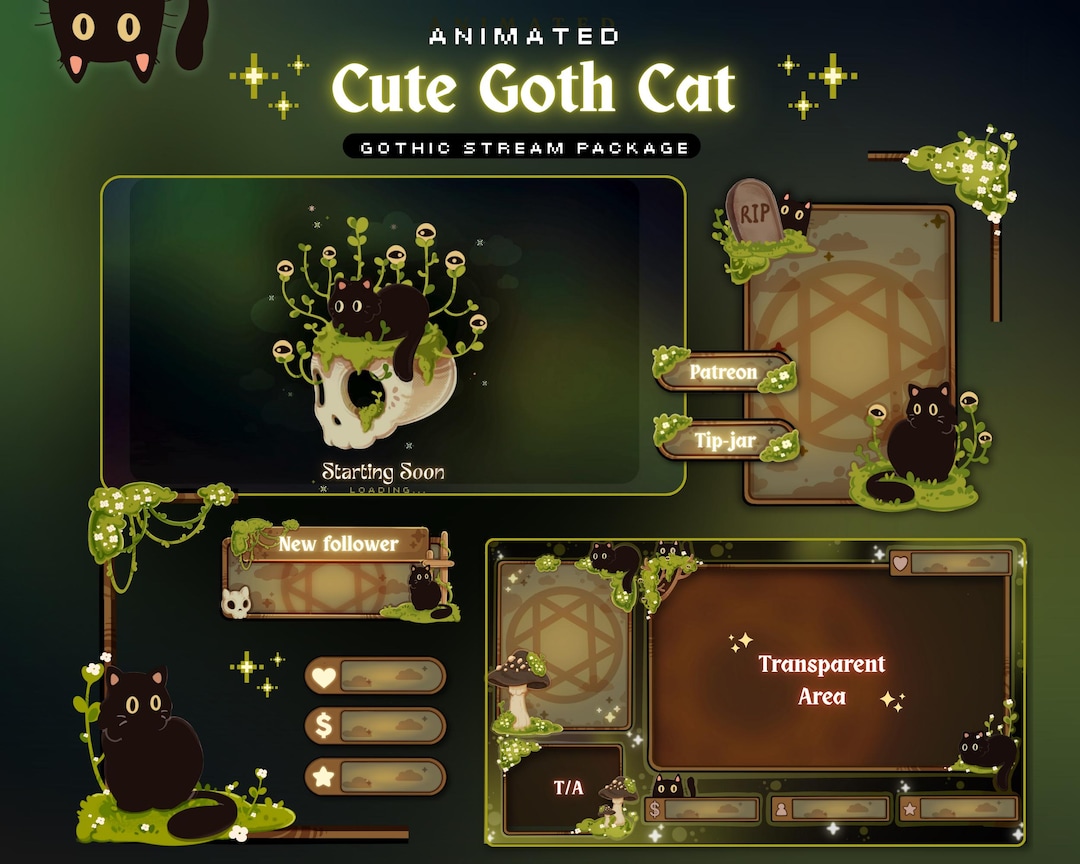 Animated Cute Goth Cat Stream Package, Twitch Screen, Black Cat Overlay ...