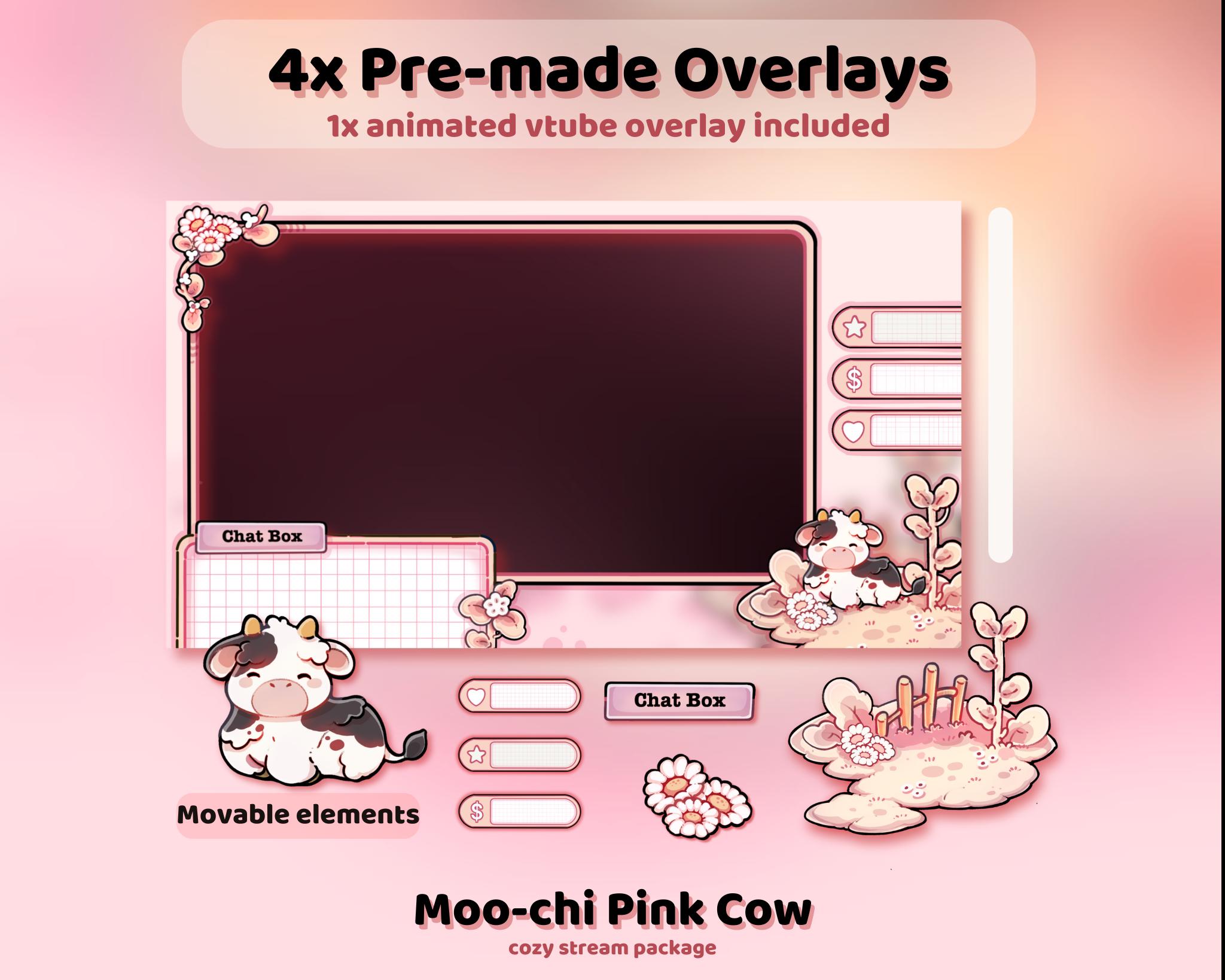 Moo-chi Pink Cow Stream Pack | Animated Cozy Stream Overlay Package ...