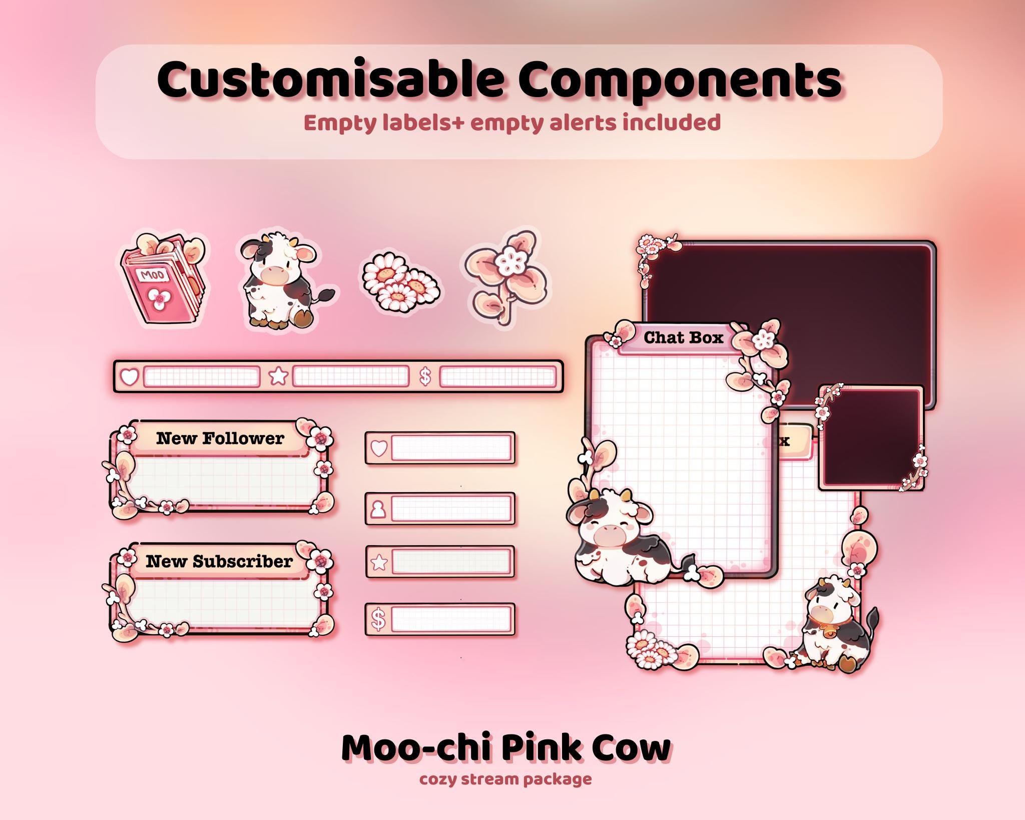 Moo-chi Pink Cow Stream Pack | Animated Cozy Stream Overlay Package ...