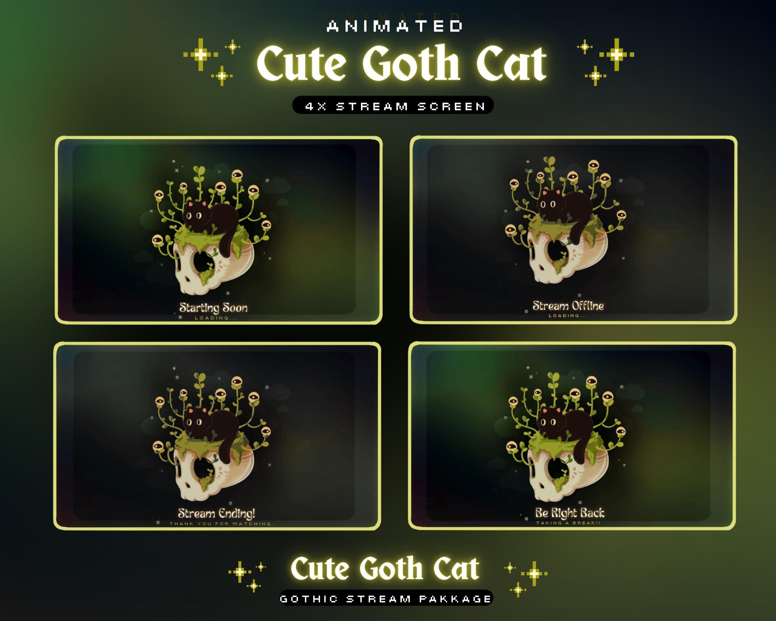 Animated Cute Goth Cat Stream Package, Twitch Screen, Black Cat Overlay ...