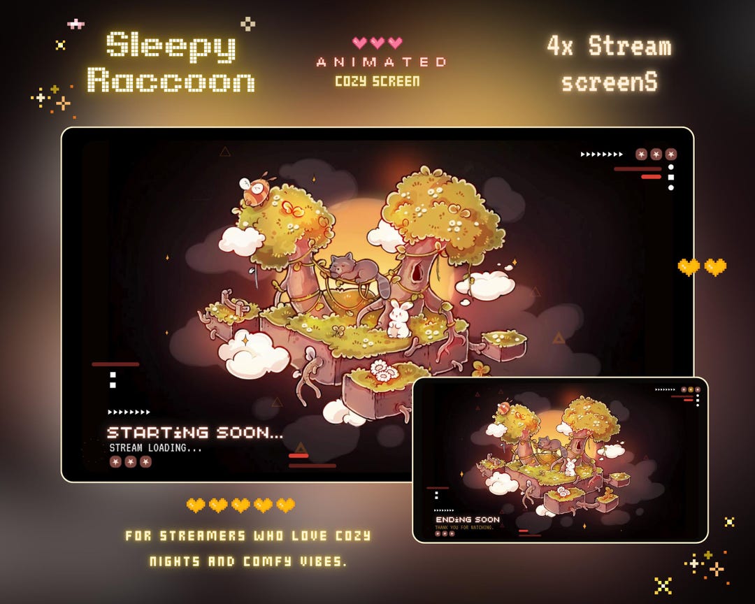 Sleepy Raccoon & It's Friends - Cozy Night Animated Stream Screens - Etsy